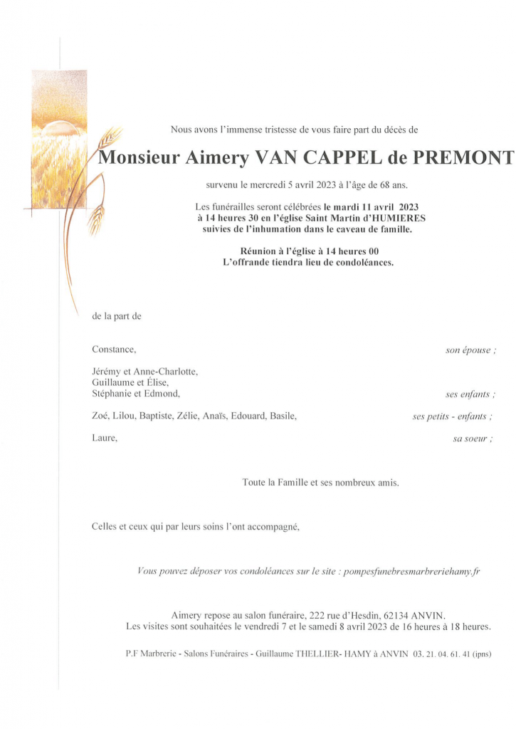 Monsieur Aimery VAN CAPPEL de PREMONT – pompesfunebresmarbreriehamy