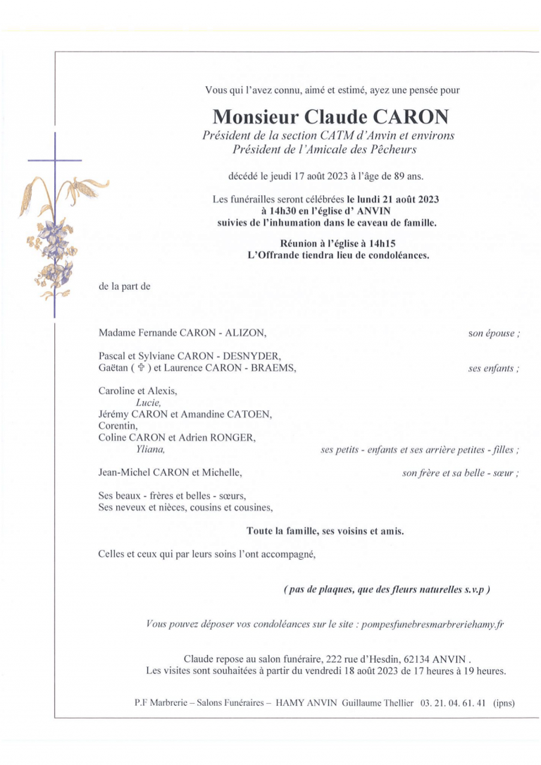 Monsieur Claude CARON – pompesfunebresmarbreriehamy