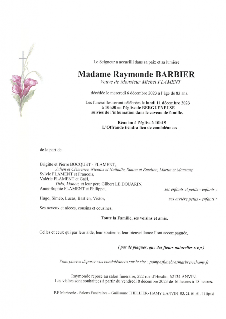 Madame Raymonde FLAMENT née BARBIER – pompesfunebresmarbreriehamy