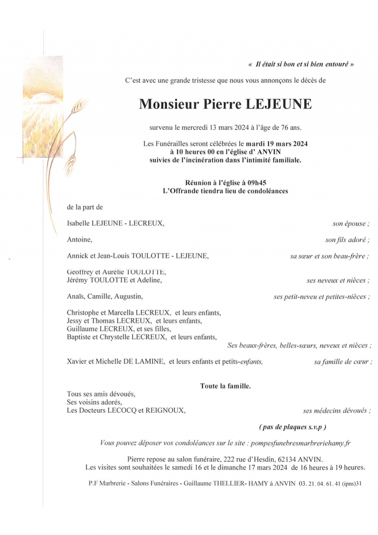Monsieur Pierre LEJEUNE – pompesfunebresmarbreriehamy
