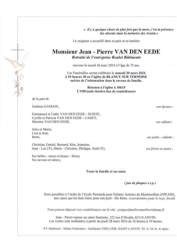 Monsieur Jean-Pierre VAN DEN EEDE – pompesfunebresmarbreriehamy