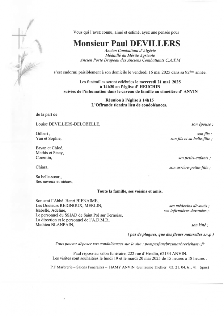 Monsieur Paul DEVILLERS – pompesfunebresmarbreriehamy